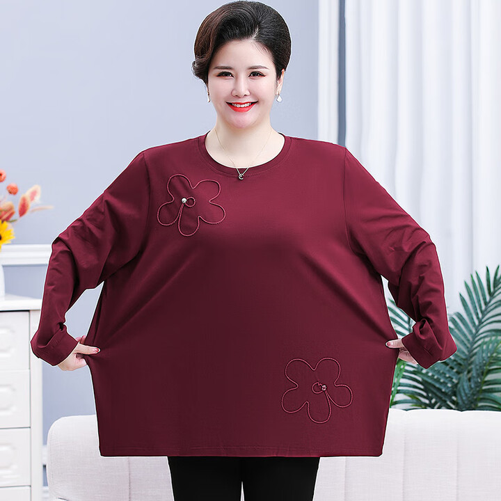 啄木鸟（TUCANO）中老年春秋季加肥大码纯棉T恤衫胖妈妈女装200斤宽松遮肚奶奶上衣 酒红 6XL 建议195-210斤【图片 价格 品牌 报价】-京东