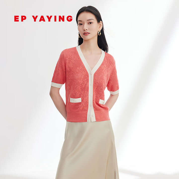 EP雅莹女装 桑蚕丝棉牡丹提花空调衫V领短袖针织开衫 商场同款9142A 红色 4/L【图片 价格 品牌 报价】-京东