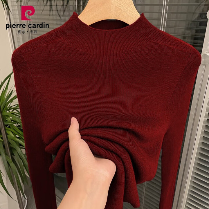 皮尔卡丹（pierre cardin）2023秋季半高领薄款针织衫女修身气质内搭打底衫中领毛衣 酒红色 M95-105斤【图片 价格 品牌 ...