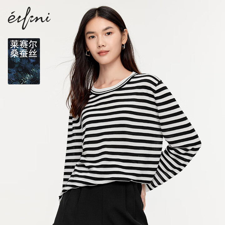 伊芙丽（eifini）伊芙丽宽松款黑白条纹间色圆领针织套头衫2023秋装新款基础款内搭 黑色预售 160/85CM/M【图片 价格 品牌 报价】-京东