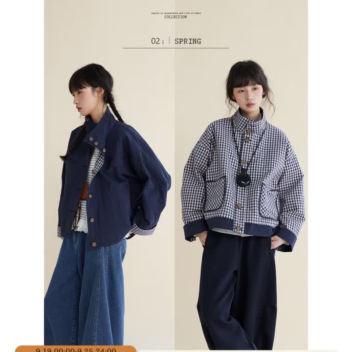 LE BEMIO「白描工作间」"布利斯托"两面穿藏青格纹开春短外套初春女小个子 藏青蓝格 M【图片 价格 品牌 报价】-京东