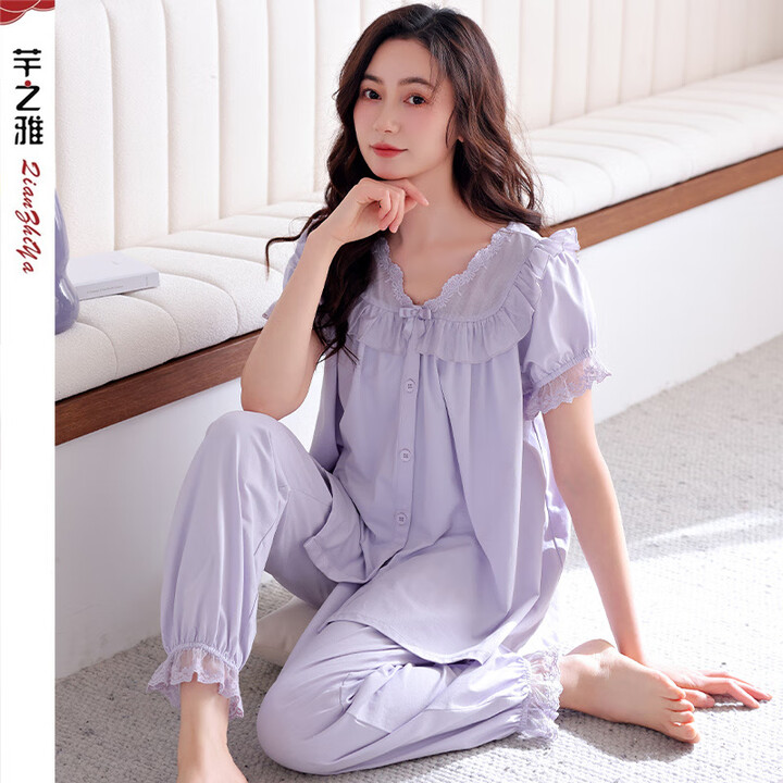 芊之雅（QIANZHIYA）夏季睡衣女薄款短袖长裤莫代尔棉绸休闲居家服中年加大码两件套装 XRD-24-1822# L （参考110-130斤 ...