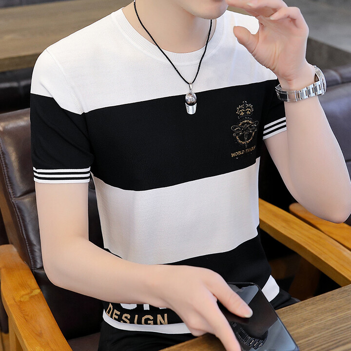 【费雷迪吉奥瓦尼M-4XL】Freddi Giouanni 男士T恤短袖条纹冰丝针织t恤夏季青年百搭潮流圆领个性上衣 白色 M 【行情 报价 ...