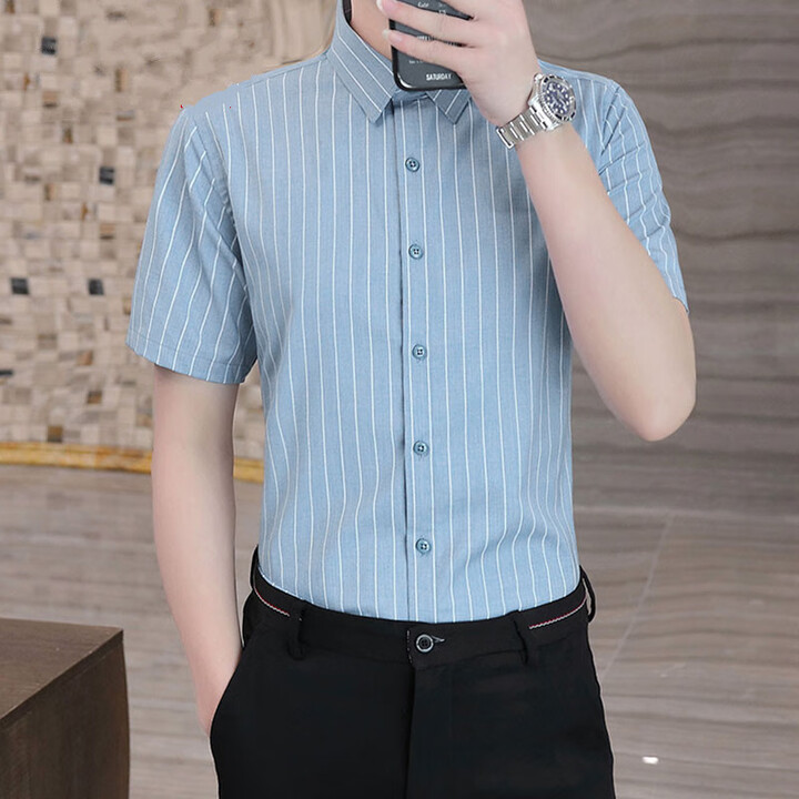 【费雷迪吉奥瓦尼M-5XL】Freddi Giouanni 衬衫男夏季商务休闲大码胖子男士短袖衬衫薄款冰丝条纹青中年男士爸爸装上衣 雾霾蓝 ...