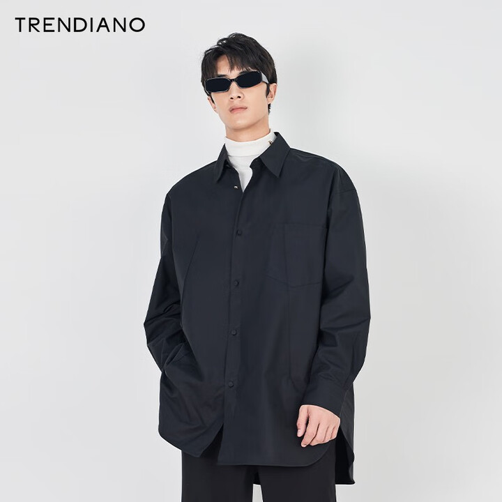 TRENDIANO经典系列2023新款秋季精裁纯棉廓形长袖衬衫外套男潮 黑色090 M【图片 价格 品牌 报价】-京东