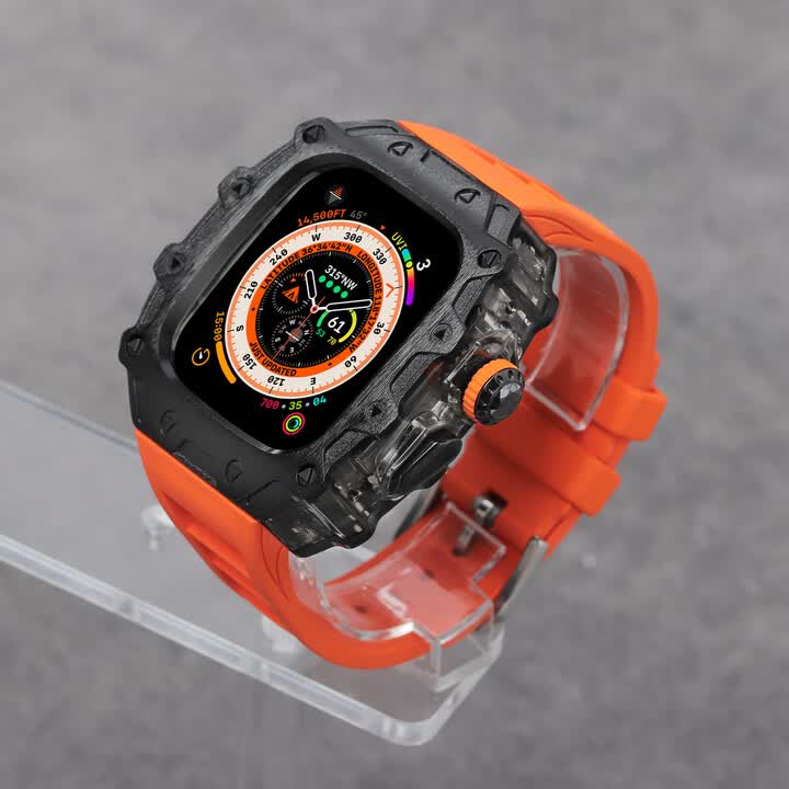 MR.MULL星图iwatch ultra49mm1/2/3冰川透明中框金属改装壳苹果手氟橡胶表带蝴蝶扣防摔磕碰男商务个性 锌合金黑透黑框+黑 ...