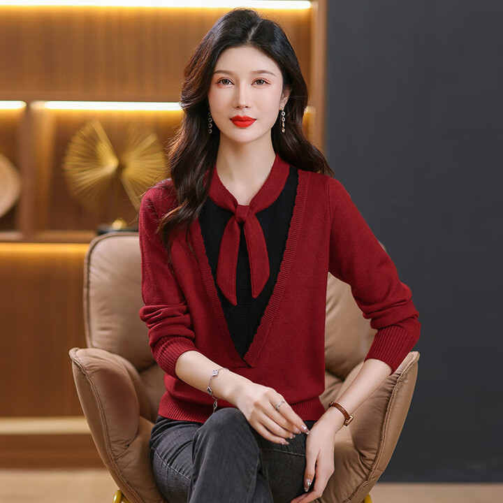 歌米拉（Gemila）针织衫女春季假两件上衣女时尚洋气春装年新款圆领毛衣打底衫 红色 XL【图片 价格 品牌 报价】-京东