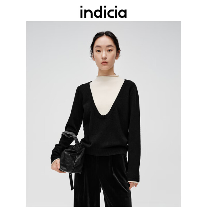 indicia商场同款春季新款黑白撞色假两件针织毛衫6A401MS041N 黑色 M【图片 价格 品牌 报价】-京东
