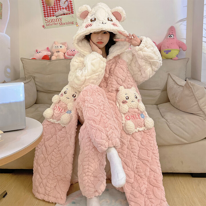 另约睡衣女款冬季珊瑚绒三层夹棉加厚保暖可爱卡通连帽睡袍家居服套装 14104 小白熊 L【图片 价格 品牌 报价】-京东
