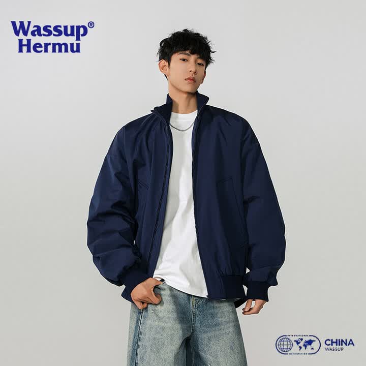 WASSUP HERMU官方外套男春秋季cleanfit松弛感美式飞行夹克学生立领螺纹棒球服 藏青色 2XL （推荐145-16斤）【图片 ...