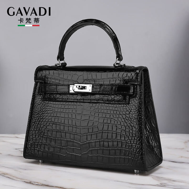 卡梵蒂（GAVADI）鳄鱼皮包包2024新款二代凯莉包mini真皮斜挎女包迷你小单肩手提包 黑色【图片 价格 品牌 报价】-京东