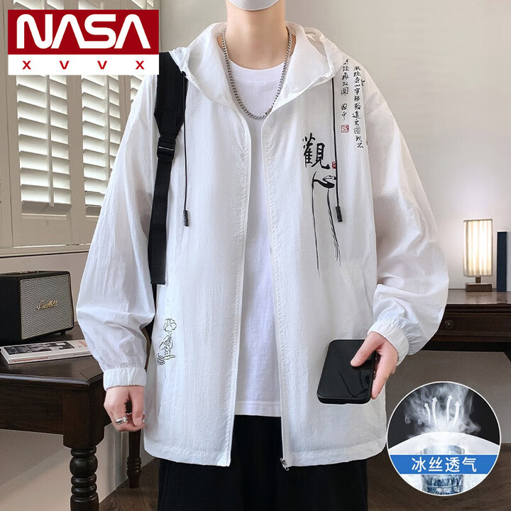 NASA XVVX国潮印花防晒衣男夏季连帽冰丝夹克外套男装青少年轻薄透气防晒服 966白色 3XL (约180~210斤可穿)【图片 价格 ...