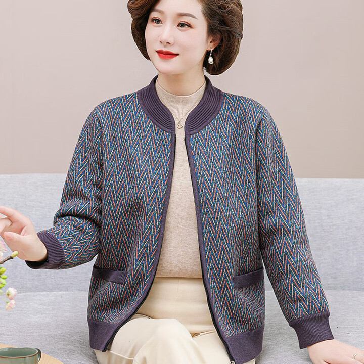歌米拉（Gemila）妈妈装毛衣外套女春秋高档开衫中老年女装衣服加厚50-60岁洋气 紫色 5XL 建议160-180斤【图片 价格 品牌 ...