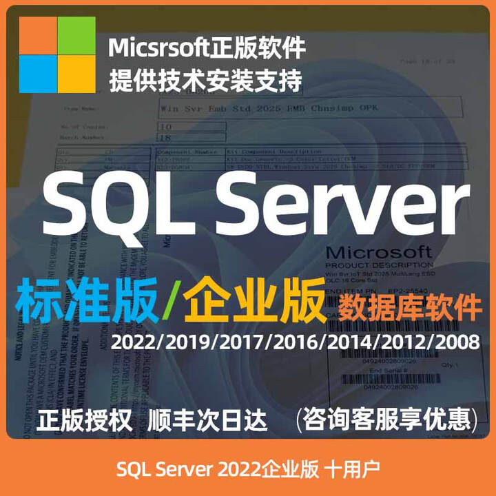 Microsoft正版微软sql server正版授权sql2019/sql2017/sql2016数据库系统软件嵌入式oem 安装支持 SQL Server 2022企业版 十用户 英文版 ...