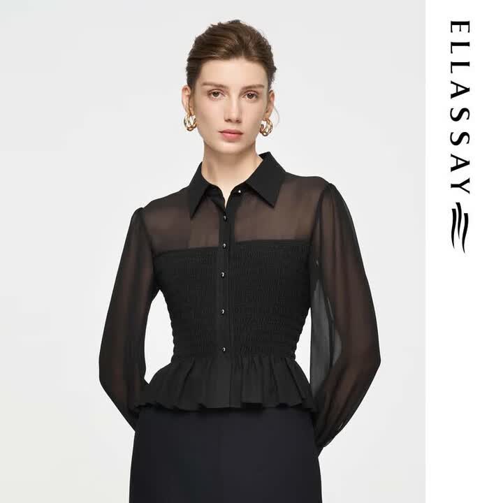【歌力思（ELLASSAY）EWD363C00700】歌力思（ELLASSAY）优雅气质灯笼袖通勤衬衫女 EWD363C00700 经典黑 ...