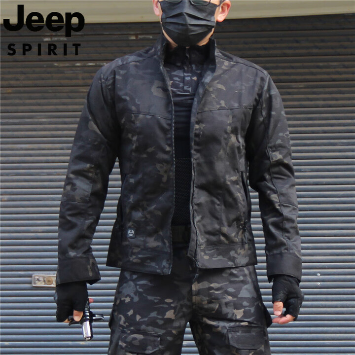 JEEP SPIRIT吉普春秋户外单层冲锋上衣迷彩套装战术短夹克防水防风劳保工地服 暗夜迷彩色夹克 M (125-145斤)【图片 价格 品牌 ...