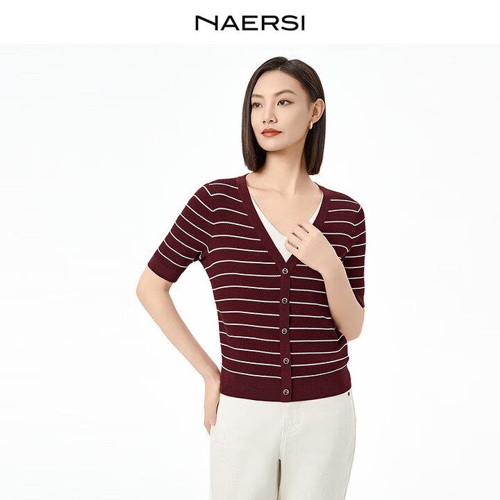 娜尔思（NAERSI）【商场同款】简约百搭V领针织衫25年夏季新款上衣 深红色 L【图片 价格 品牌 报价】-京东