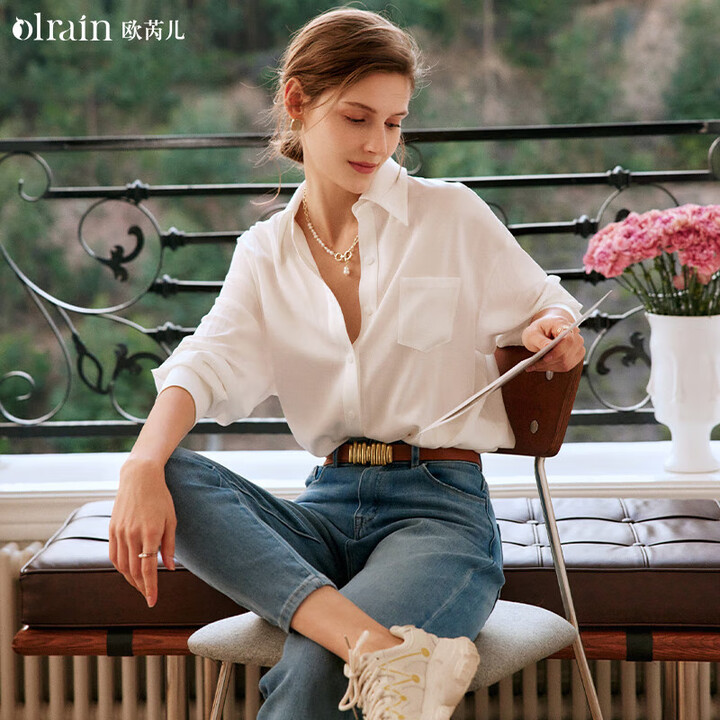 【OlrainO22QC65616】Olrain欧芮儿长袖衬衫女装秋宽松慵懒风休闲百搭衬衣 米白色 S【行情 报价 价格 评测】-京东