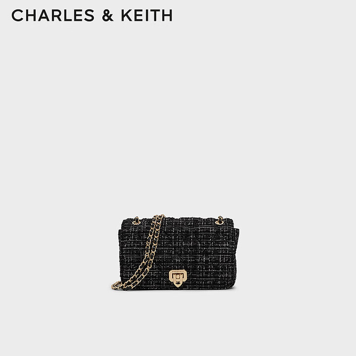 CHARLES&KEITH时尚菱格链条单肩斜挎小方包生日新年礼物送女友CK2-20671747 Black Tweed黑色/白色 S【图片 ...
