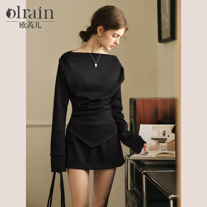 【OlrainM57CE95899】Olrain欧芮儿时尚套装秋季女装一字领不规则两件套干练通勤 黑色 S【行情 报价 价格 评测】-京东