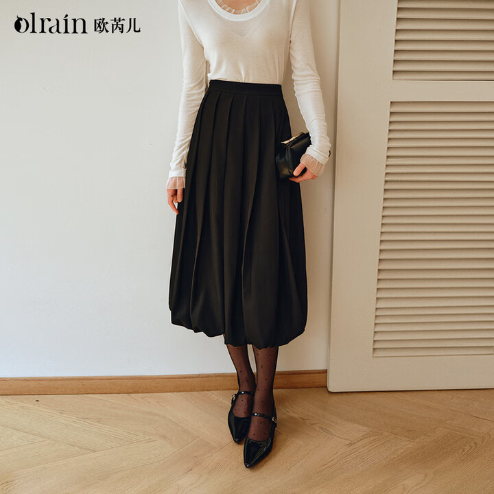 【OlrainO57QB001036】Olrain欧芮儿女装秋季通勤黑色毛呢百褶花苞半身裙显瘦裙子 黑色 L【行情 报价 价格 评测】-京东