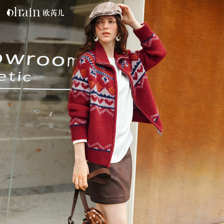 【OlrainO57DM002190】Olrain欧芮儿新款女装冬季红色毛衣外套宽松费尔岛针织开衫 红色 XL【行情 报价 价格 评测】-京东