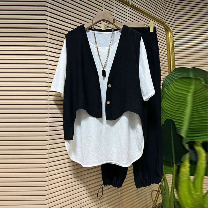 加肥大码女装圆领打底衫马甲外搭休闲长裤胖妹妹简约夏季款两件套 白拼黑色三件套 4XL【图片 价格 品牌 报价】-京东