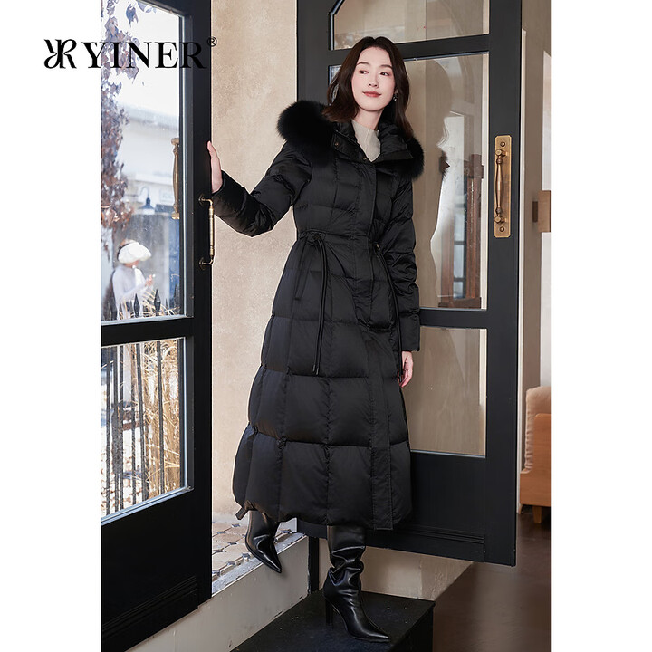 YINER音儿冬季女装长款过膝高克重保暖狐狸毛领连帽白鹅绒羽绒服 黑色2 L【图片 价格 品牌 报价】-京东