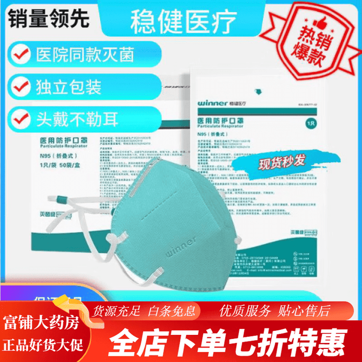 稳健（Winner）n95口罩独立包装医用级头戴式套头3d立体一次性成人5层防病毒L码 药店医护同款-用着放心【两盒100只】【图片 价格 ...