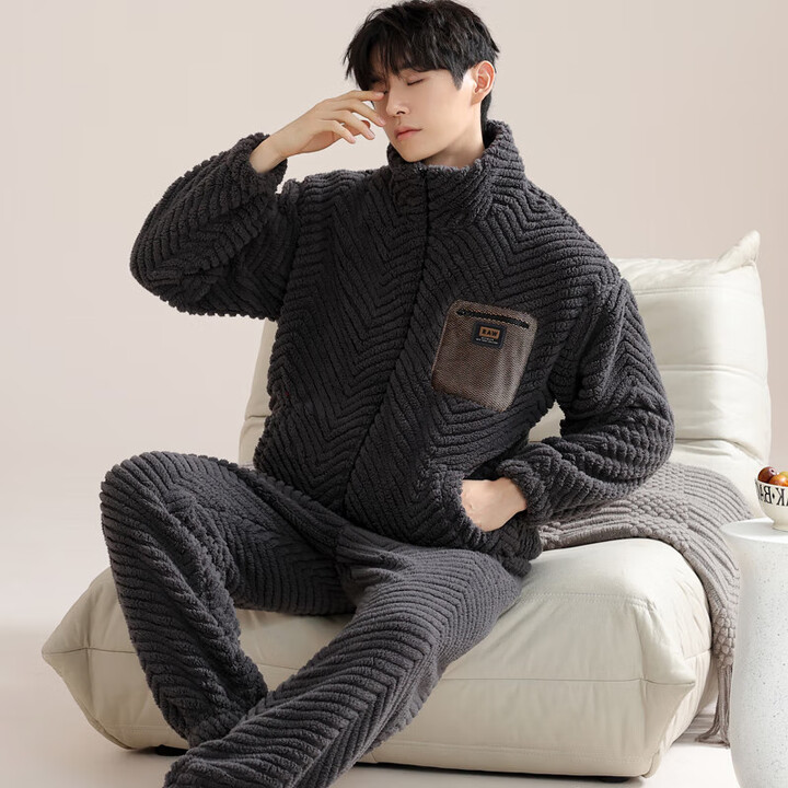 猫人（MiiOW）法兰绒睡衣男款2025秋冬季加绒加厚款珊瑚绒大码冬天可外穿家居服 深灰条纹 L【图片 价格 品牌 报价】-京东