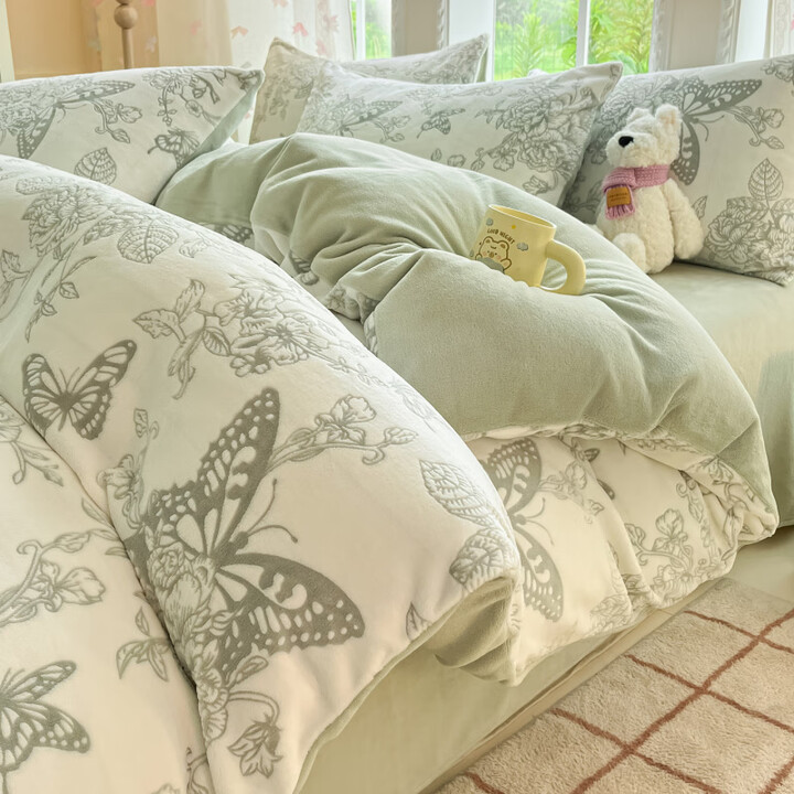 Lady Laura富安娜出品牛奶绒四件套冬季加厚珊瑚法兰绒面被套床上床单三件套 悦色花颜茵绿 床单款 1.5m四件套【图片 价格 品牌 报价】-京东