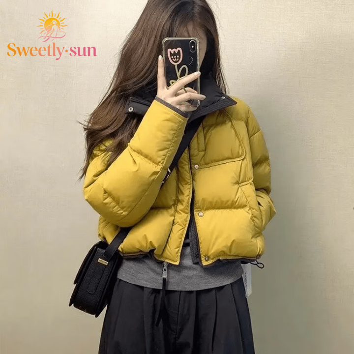 Sweetly·Sun2025秋冬新款黄色撞色羽绒棉服女小个子韩系短款面包服厚外套棉袄 黄色棉服外套 S 80-100斤【图片 价格 品牌 ...