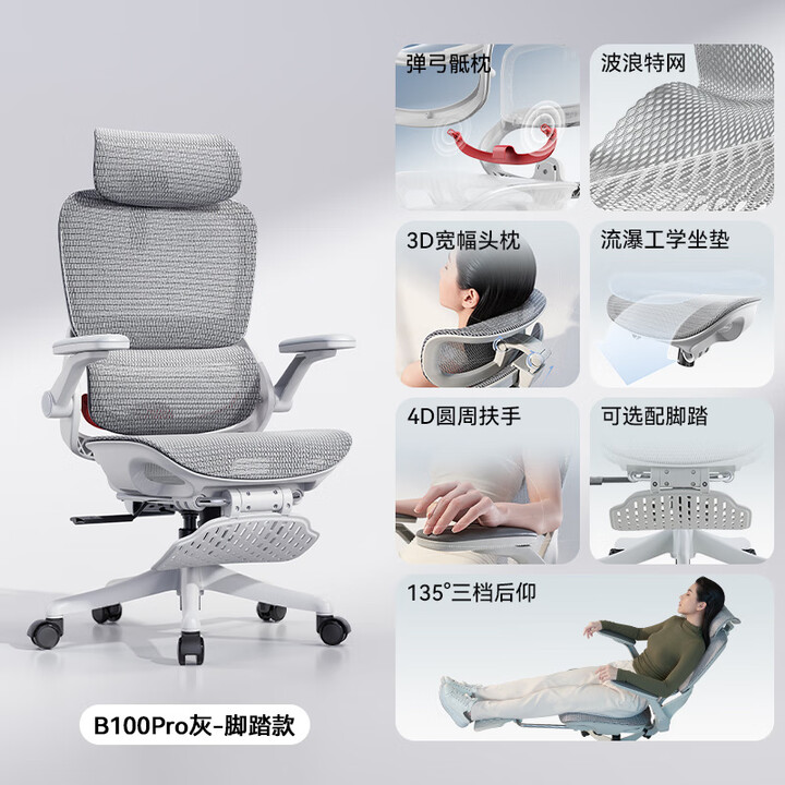 西昊（SIHOO）电脑椅家用可躺式电竞椅 人体工学网布椅与腰枕设计 B100Pro灰 浮动撑骶腰枕+波浪特网 脚踏 PP脚 x 旋转扶手【图片 ...