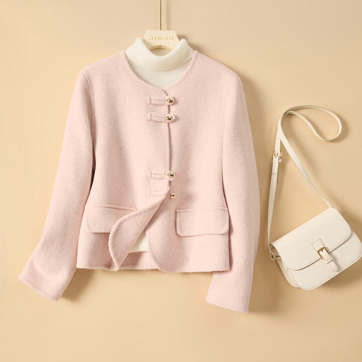 【金菊W8562155】金菊【羊毛大衣】25冬季新款圆领盘扣双袋国风甜美短款双面呢子女外套【行情 报价 价格 评测】-京东