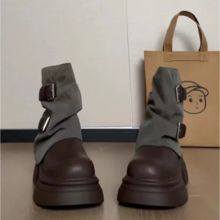 百丽踏黑色英伦风厚底粗跟复古马丁靴2025新款秋冬加绒增高显瘦裤管短靴 棕色【加绒】 40【图片 价格 品牌 报价】-京东