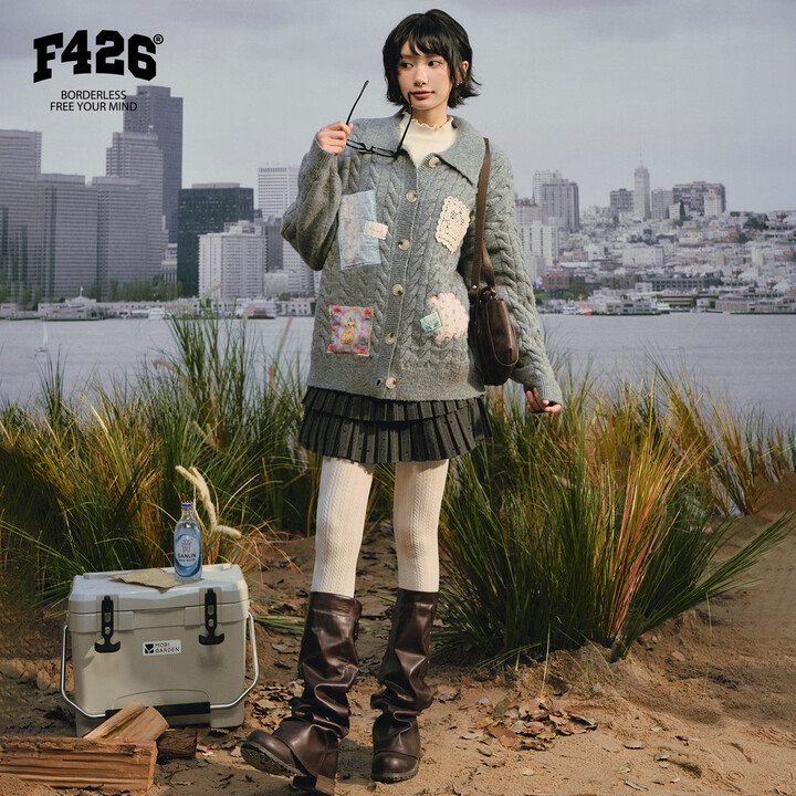 F426国潮牌春季新款宽松休闲碎花蕾丝贴布浪漫开衫毛衣 花色 花灰 M【图片 价格 品牌 报价】-京东