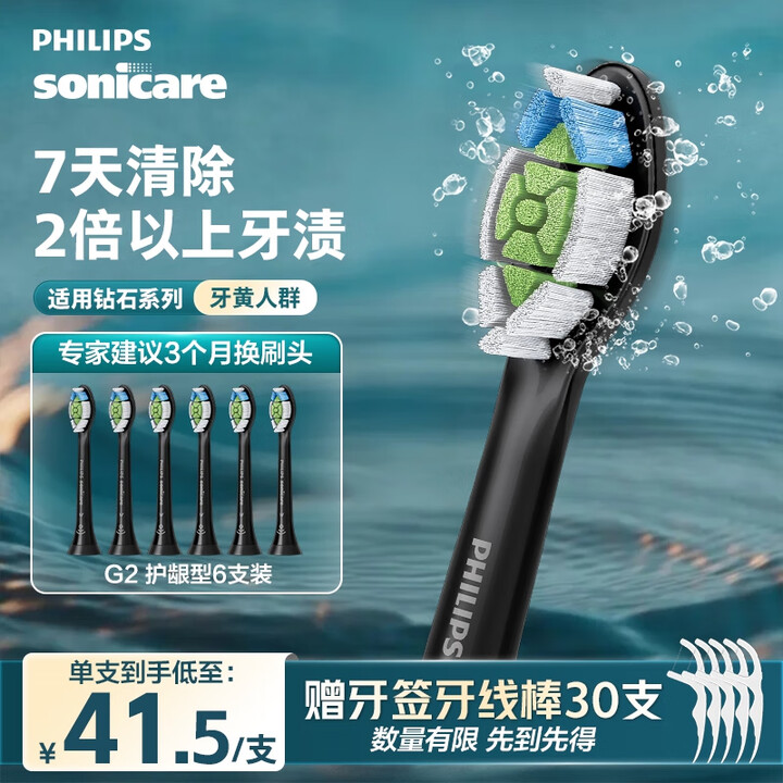 【飞利浦HX6063/96】飞利浦（PHILIPS）电动牙刷头 官方原装适配钻石3/7/9系列刷柄清洁护龈亮白 2盒3支装到手6支 ...
