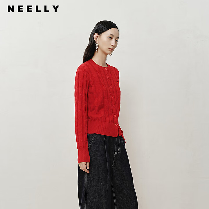 NEELLY纳俪商场同款冬季新款显白软糯绞花针织开衫女休闲百搭上衣 正红色 S【图片 价格 品牌 报价】-京东
