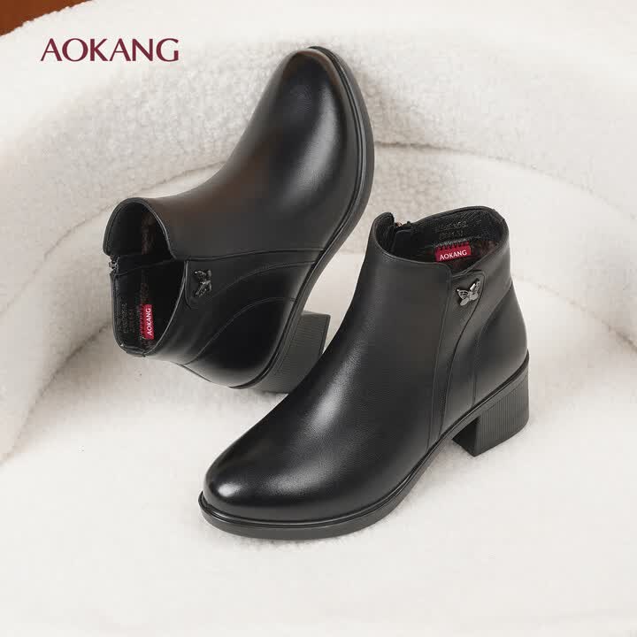 【奥康（Aokang）女靴】奥康（Aokang）女鞋冬季新款女士靴子高跟洋气小短靴真皮加绒加厚高帮皮靴LH【行情 报价 价格 评测】-京东