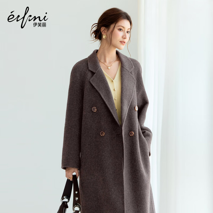 伊芙丽（eifini）【绵羊毛+山羊绒】朱珠代言大衣翻领气质毛呢秋外套女 砂岩棕 M【图片 价格 品牌 报价】-京东